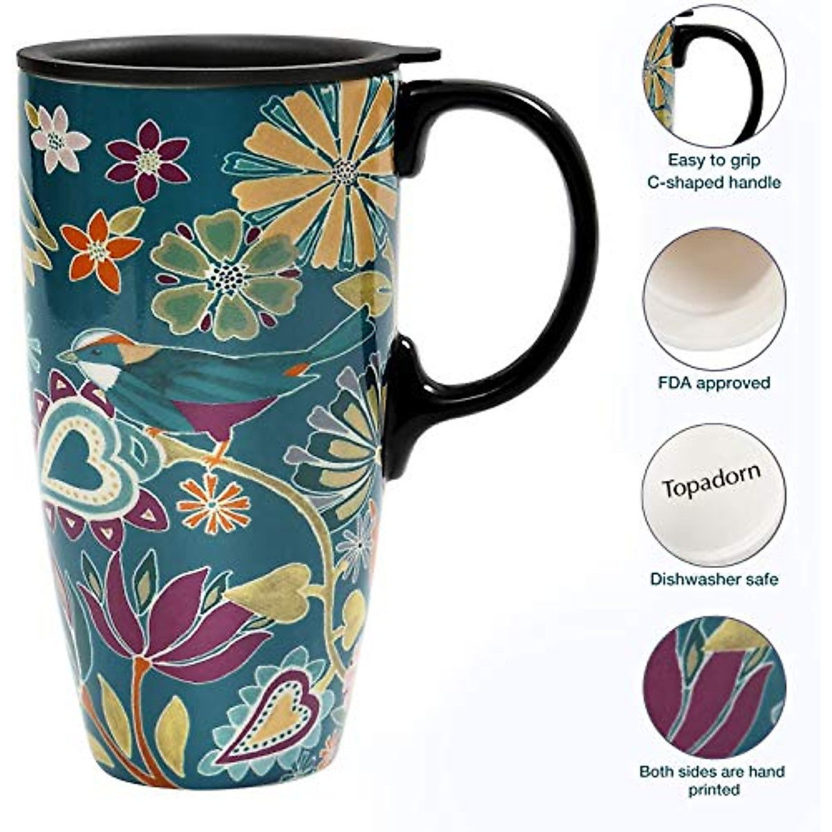 Topadorn Coffee Ceramic Mug Porcelain Latte Tea Cup With Lid 17oz. Floral Symphony, Green Bird