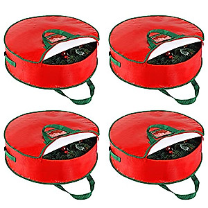 Shappy 4 Pieces Wreath Storage Container Bag Round Garland Holiday Container Zippered Xmas Artificial Wreath Container with Handle for Christmas Tree (Red,30 x 7 Inches)