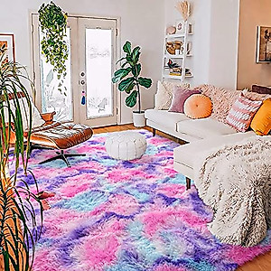 HOMORE Soft Fluffy Rug for Bedroom, Tie Dye Rugs for Living Room, Non Slip Shaggy Plush Carpet for Kids Nursery Toddler, 4x6 Feet Area Rugs for Room Floor, Hot Pink