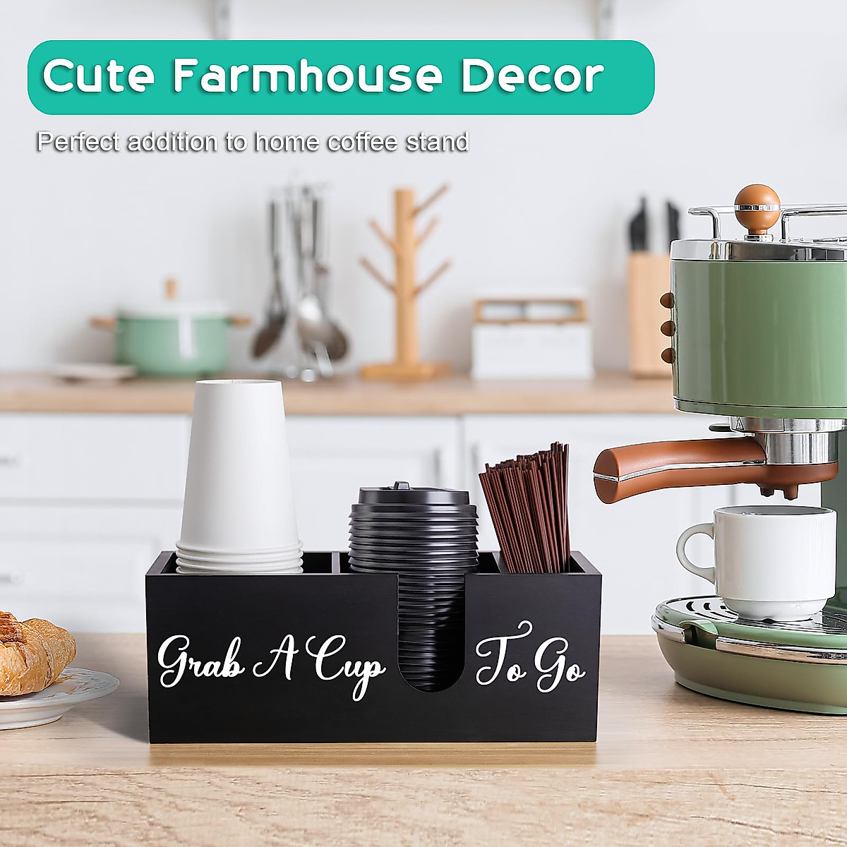 ALELION Coffee Cup Holder for Countertop - Wood Coffee Bar Accessories and Organizer - Coffee Station Organizer for Cup Lid Stirrers Pod - Black Farmhouse Coffee Bar Table Decor