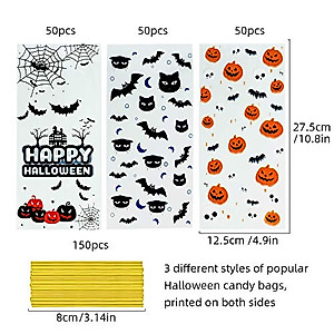 WOVTE Halloween Cellophane Bags, 150 PCS Candy Treat Bags with 150 PCS Twist Ties for Bakery Biscuit Chocolate Snacks Halloween Party Favors Homemade Craft (3 Styles)