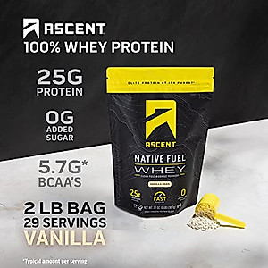 Ascent 100% Whey Protein Powder - Post Workout Whey Protein Isolate, Zero Artificial Flavors & Sweeteners, Soy & Gluten Free, 5.5g BCAA, 2.6g Leucine, Essential Amino Acids, Vanilla Bean 2 lb