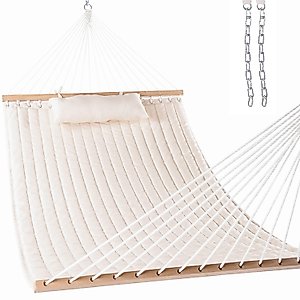 Lazy Daze 12 FT Double Quilted Fabric Hammock with Spreader Bars and Detachable Pillow, 2 Person Hammock for Outdoor Patio Backyard Poolside, 450 LBS Weight Capacity, Dark Cream