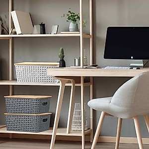 Barydat 4 Pack Plastic Storage Baskets with Bamboo Lid Pantry Organization Storage Containers Lidded Bins Container for Shelves Drawers Desktop Closet Playroom Classroom Office(Gray)