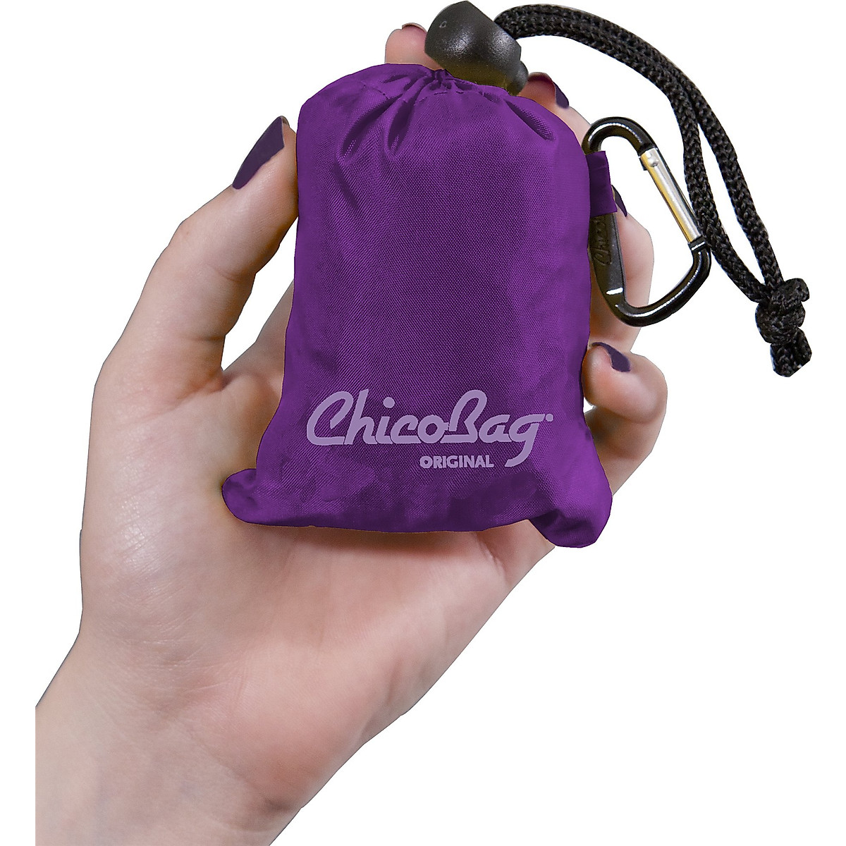 ChicoBag Original Compact Reusable Grocery Bag w/Attached Pouch and Carabiner Clip | Perfect for Shopping, Travel, Organization | Eco-Conscious Packable Tote | Purple (Pack of 4)