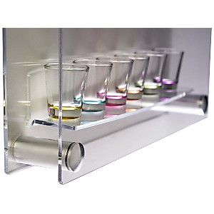 24 Shot Glass Display Case Holder, Side Loading, Transparent Acrylic with 4 Shelves, Includes Silver Standoffs for Wall Mounting