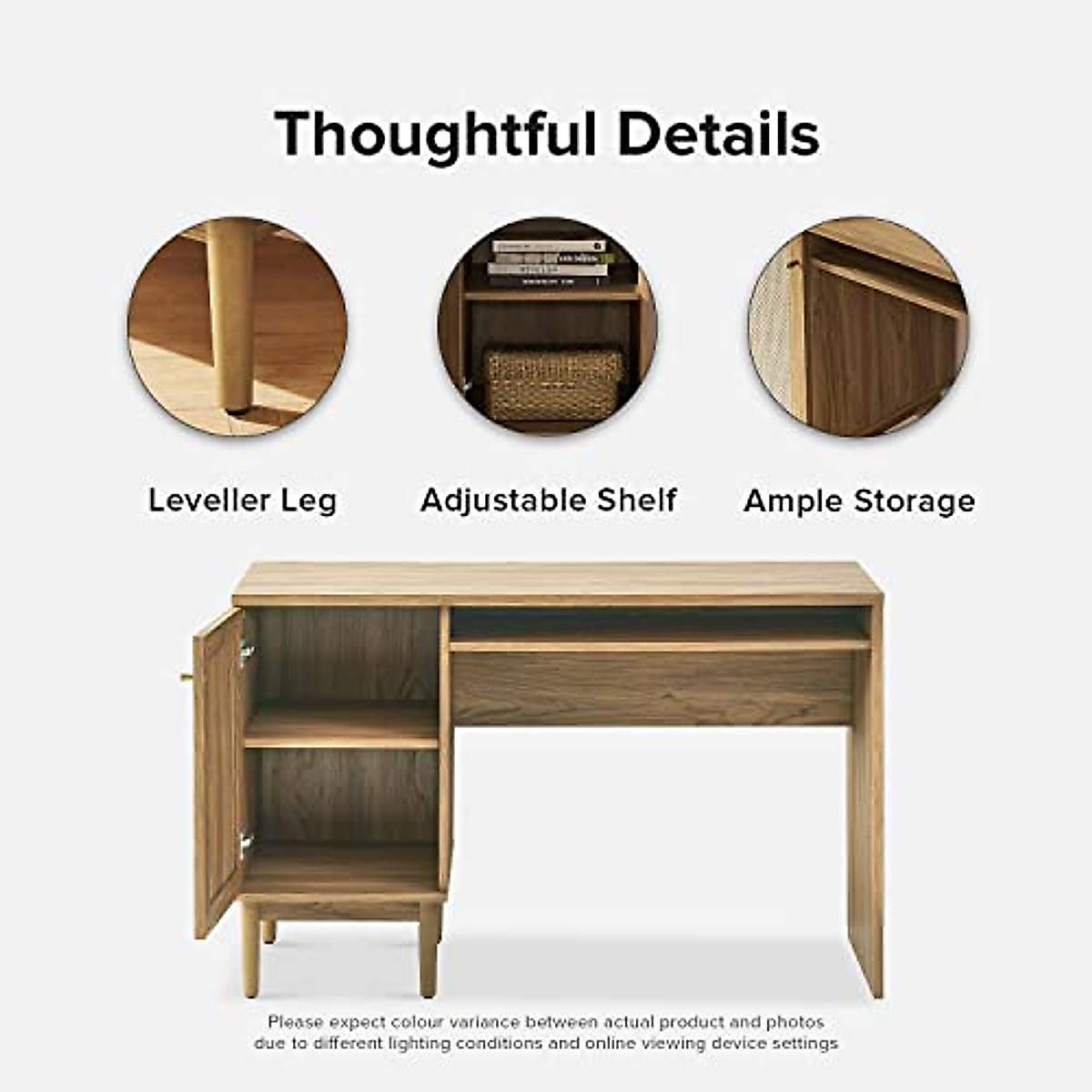 mopio Haylee Farmhouse Rattan Study Desk with Adjustable Shelf Storage Space