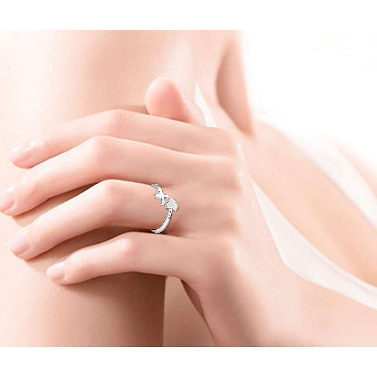 JUSTKIDSTOY S925 Sterling Silver Love Heart Ring Engraved Faith Hope Love Blue/White Open Adjustable Opal Wrap Rings Inspirational Jewelry for Women (White Opal-6)