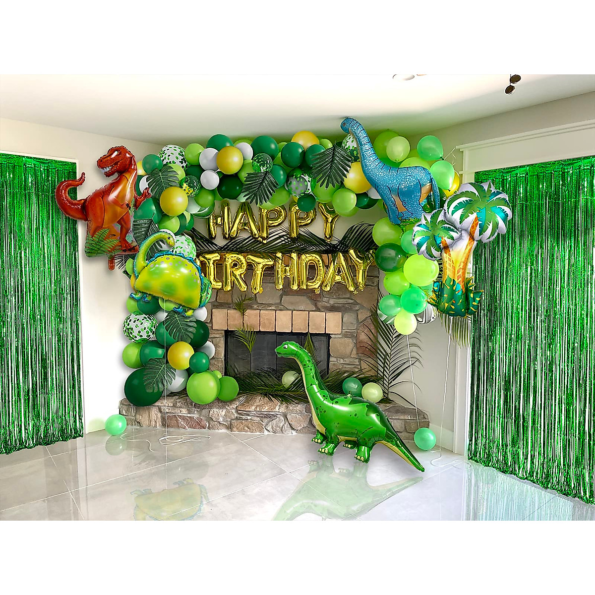 176pcs Dinosaur Birthday Party Decorations, Slmeno Dinosaur Balloon Arch Garland Kit with Dinosaur Cake Topper,HAPPY BIRTHDAY Balloons,Dinosaur Tablecloth,Curtains,Glow In The Dark Dinosaur Tattoos