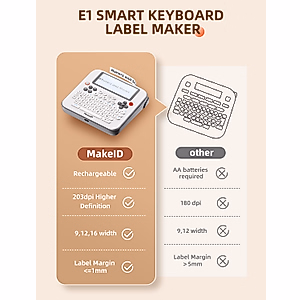 Makeid E1 Portable Label Maker - Bluetooth Compatible Thermal Printer - QWERTY Keyboard, 4.42" LCD Screen - Prints 9mm, 12mm, 16mm Clear Waterproof Sticker Labels - Includes USB Cable