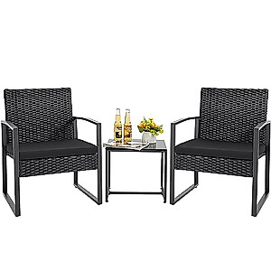 GUNJI Patio Furniture Sets 3 Pieces Outdoor Conversation Set with Coffee Table Patio Wicker Rattan Chairs Set Bistro Sets for Garden, Yard, Lawn, and Balcony (Black)