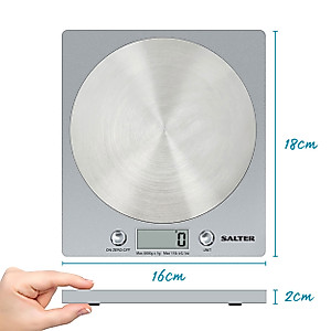 Salter Digital Kitchen Weighing Scales - Slim Design Electronic Cooking Appliance for Home/Kitchen, Weigh Food up to 5kg Aquatronic for Liquids ml and fl. Oz. 15Yr Guarantee - Silver