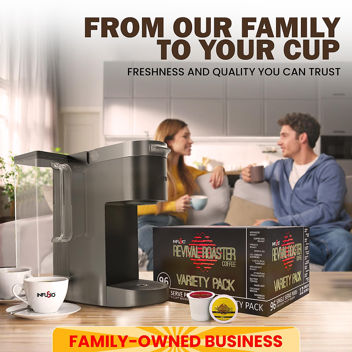 96 Count Coffee Variety Pack (12 amazing blends), Single Serve Coffee Pods for Keurig K Cup Brewers - InfuSio Revival Roaster Premium Roasted Coffee (Variety, 96 Compatible with 2.0)