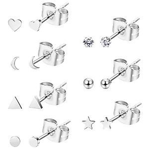 Sllaiss 7 Pairs Tiny Geometric Stud Earrings Set Stainless Steel CZ Ball Heart Star Cartilage Earrings Studs for Women Helix Ear Piercing Set With Gift Box