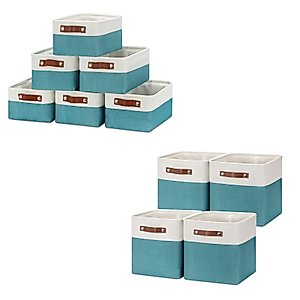 HNZIGE Small Storage Baskets for Organizing Fabric Baskets for Shelves,Fabric Cube Storage Baskets Closets, Laundry, Nursery, Decorative Baskets for Gifts Empty (White&Teal)