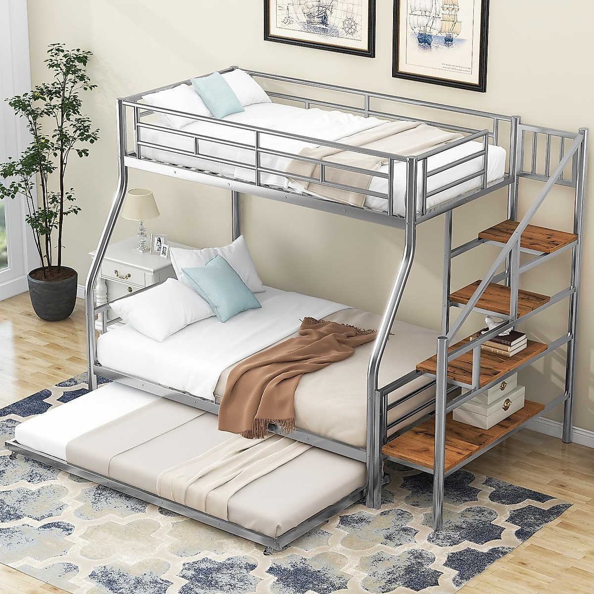 Bellemave Twin Over Full Metal Bunk Beds with Trundle and Storage Staircase,Heavy-Duty Metal Bunk Bed Frame for Kids,Teens,Adults，Space-Saving,Silver