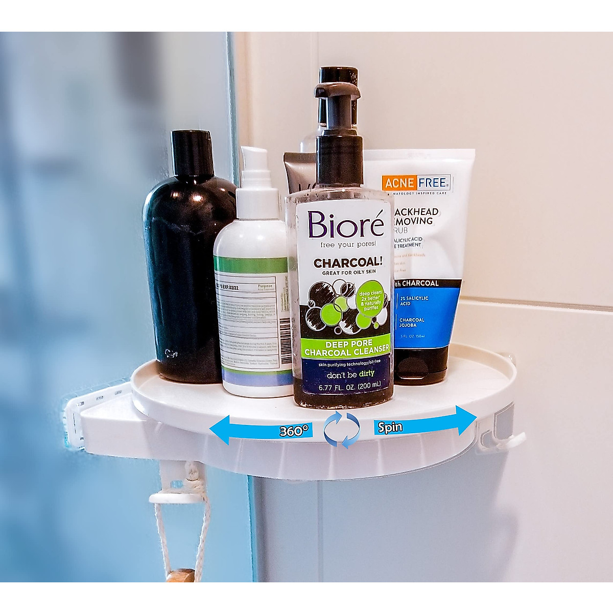 5 STAR SUPER DEALS Shower Corner Caddy Rotating Shelf - Tension Suction Cup Wedge Mount - Shower & Bathroom Storage Organizer- w/Drainage Holes & Hanging Hooks