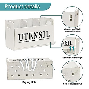 Large Rustic Kitchen Utensil Holder for Countertop, Farmhouse Wooden Utensil Holder for Kitchen Counter, 3 Compartment Rustic Cooking Utensil Holder, Kitchen Utensil Organizer Caddy for Home Decor