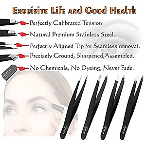 S.A.Q. JILLANI Eyebrow Precision Tweezers Set- For Men and Women Facial and Ingrown Hair Removal - Professional Stainless Steel Splinter and Slant 4 Pieces with Case (Black)