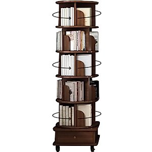 MMV 5 Tier Rotating Bookshelf, 360° Display Bookcase with Cabinet, Mobile Bookshelf with Wheels, 79" Tall Bookcase for Narrow Space, Spinning Wood Bookshelf Tower for Home Office, Study Room, Walnut