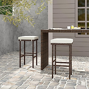 Tangkula Patio Wicker Bar Stools Set of 4, Patiojoy Outdoor Bar Height Chairs w/Seat Cushions & Footrest, Heavy-Duty Metal Frame, 400 lbs Load Bearing, Backless PE Rattan Bar Chairs