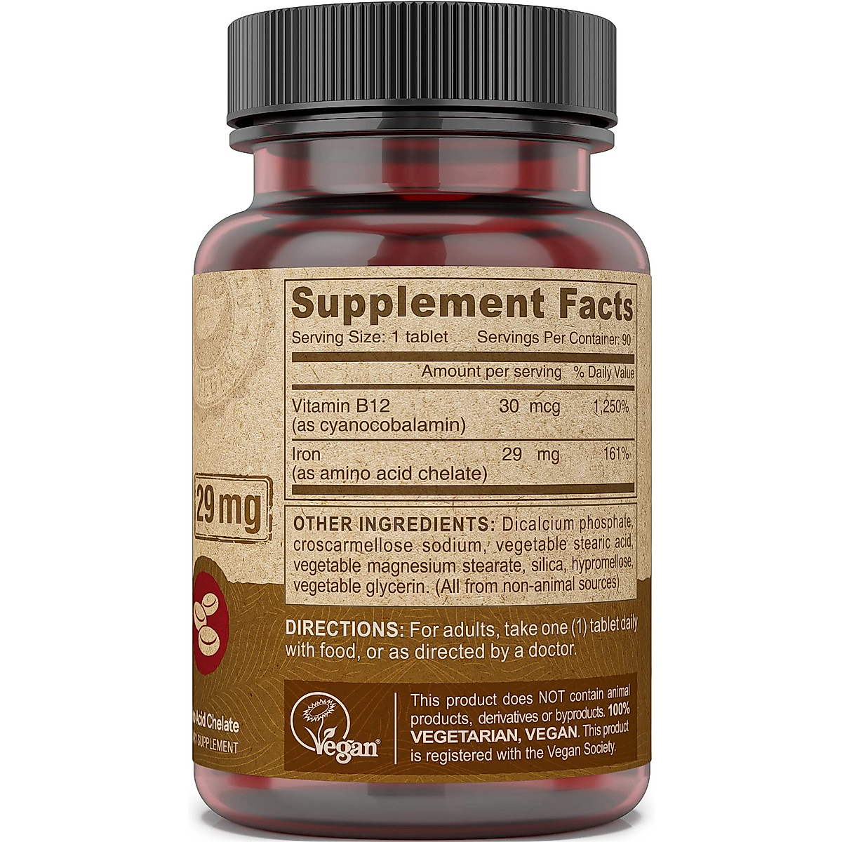 Deva Nutrition Vegan Chelated Iron 29 mg Fortified with B-12 - High Potency, Easy to Swallow - 90 Tablets, 1-Pack