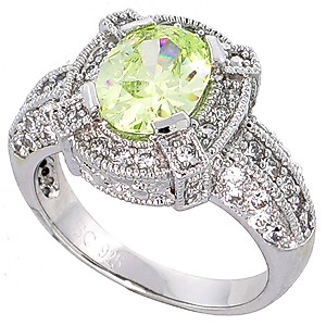 Sterling Silver Vintage Style Peridot Cubic Zirconia Halo Engagement Ring Oval 2 ct Center, size 7