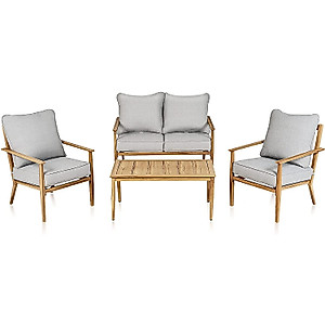 SUNCROWN 4-Piece Outdoor Patio Sofa Furniture Set Heavy Duty Conversation Set, Metal Frame Armchairs Loveseat Set with Grey Cushions and Coffee Table, Grey