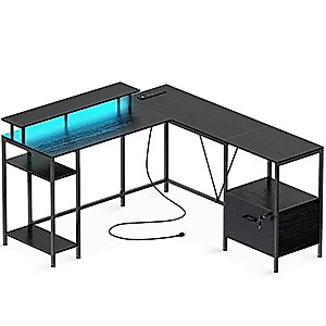 Huuger L Shaped Desk with Power Outlets & LED Lights, Reversible Computer Desk with Storage Shelves & File Cabinet, Corner Desk Home Office Desk, Black