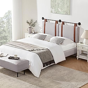 Iroomy Wall Mounted Headboard Queen with Brown Faux Leather Straps, Linen Fabric Upholstered Headboard with Adjustable Heigh Headboard, Queen Headboard with Metal Bar for Dining Room, Bedroom, Grey