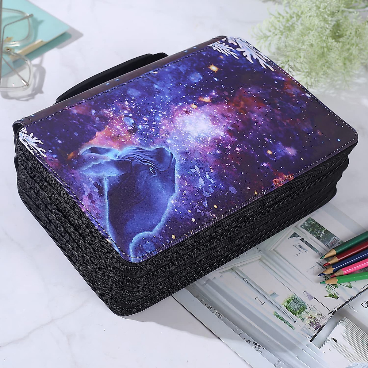 Shulaner 250 Slots Colored Pencil Case Organizer with Zipper PU Leather Large Capacity Pen Holder Bag for Painter or Artist (Ocean, 250)