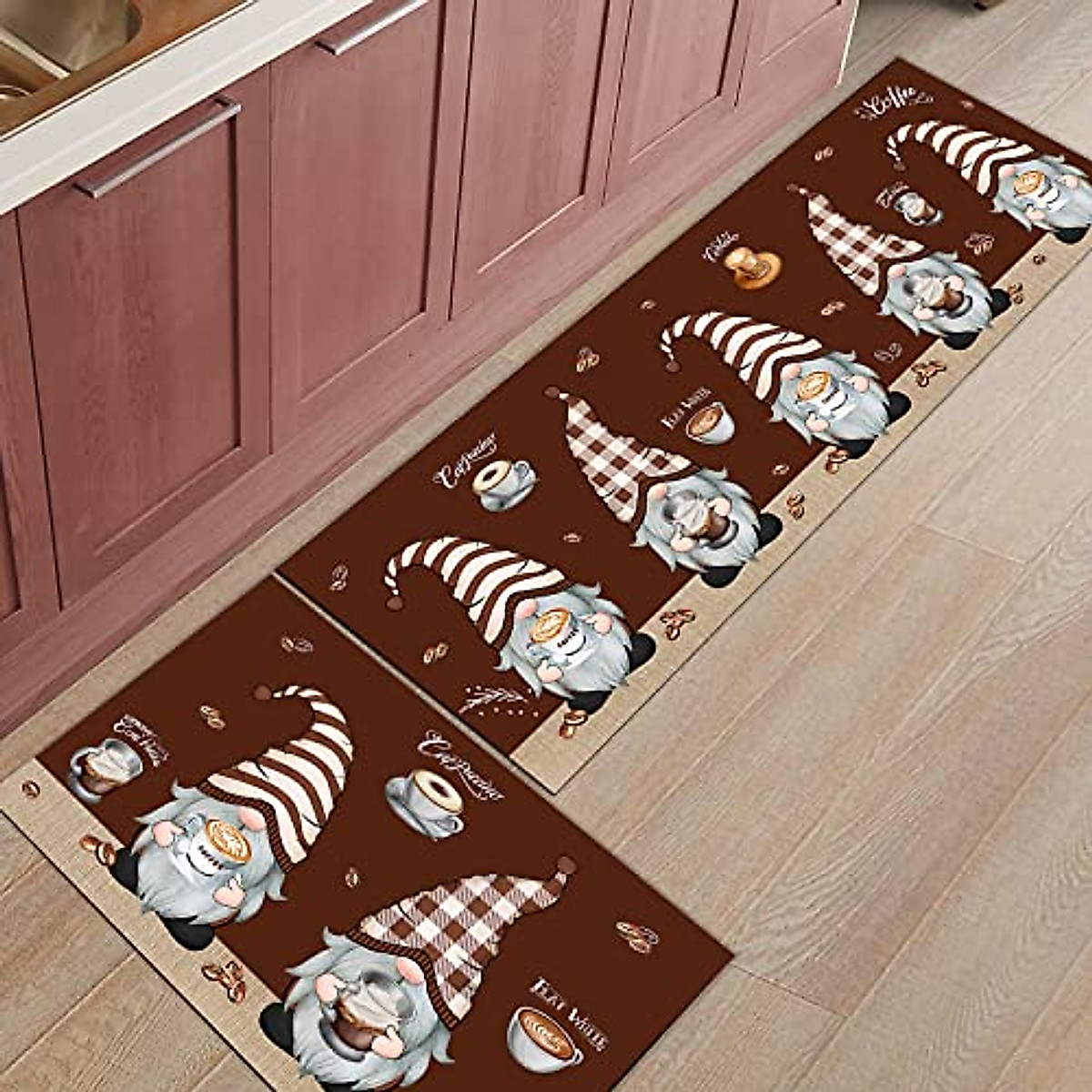 Coffee Gnomes Kitchen Mat Set 2 Piece Kitchen Rugs, Farmhouse Brown Coffee Beans Soft Non-Slip Rubber Backing Floor Mats Doormat Bathroom Runner Area Rug Carpet, 19.7x31.5in + 19.7x47.2in