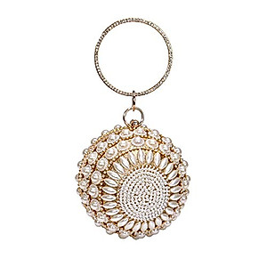 UMREN Women Round Clutch Ball Evening Bag Dazzling Full Beaded Artificial Pearls Handbag for Wedding Parites Prom Gold