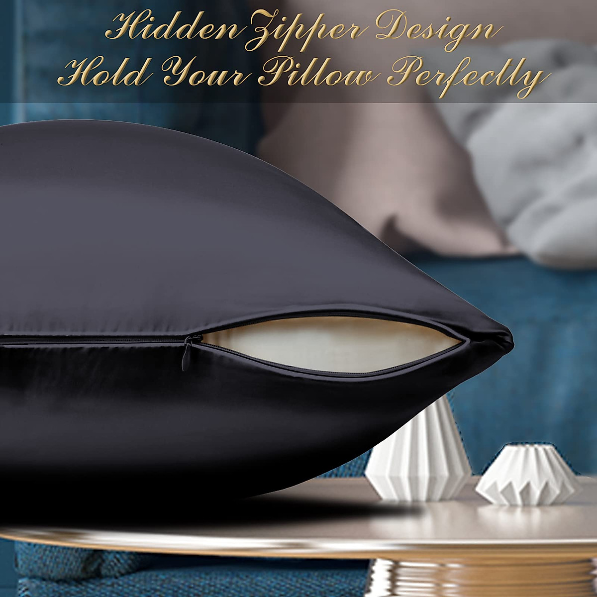 Smbeope 100% Mulberry Silk Pillowcase 2 Pack for Hair and Skin,with Hidden Zipper,Both Sides 22 Momme Natural Silk Pillow Cover,Soft Breathable & Smooth (Black, Queen)