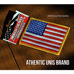 UNIS 4 Pack, 3.5 X 2.5. Inch Large Size American US Flag Embroidered Cloth Sew on Iron on Patch Golden Yellow Border.