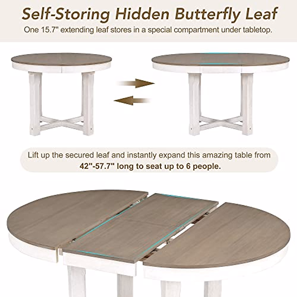 WOZNLA 5-Piece Dining Table Set - Round to Oval Extendable Butterfly Leaf Wood Table with 4 Upholstered Dining Chairs with Armrests - Ideal for Kitchen and Family Gatherings