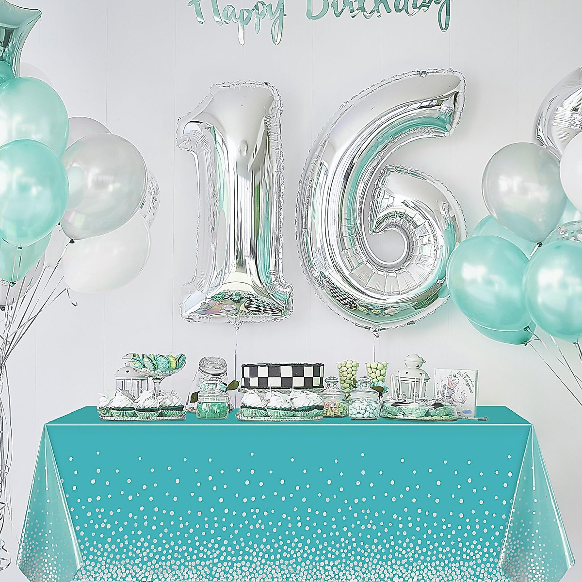 3 Pieces Teal Blue and Silver Dot Tablecloth Plastic Confetti Rectangle Disposable Table Cover for Birthday Wedding Baby Shower Engagement Anniversary Bachelorette Party, 54 x 108 Inch