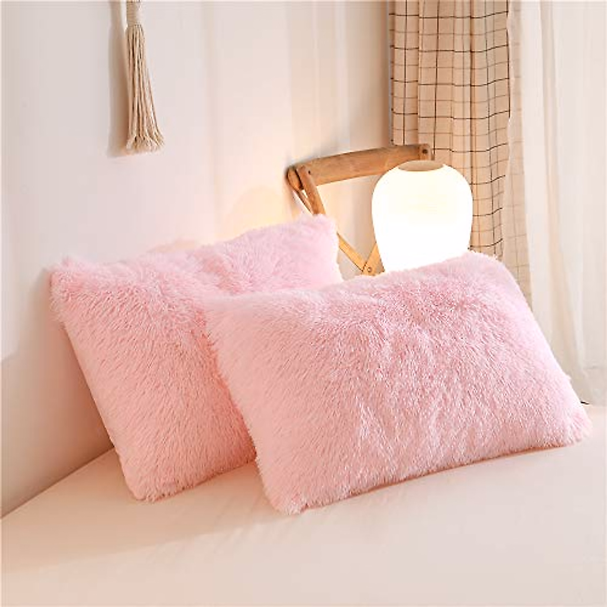 HAIHUA Luxury Plush Shaggy Duvet Cover Flannel Velvet Bedding (1 Faux Fur +2 Pillowcases) Fluffy Comforter Bed Sets 3 Pieces,Zipper Closure (Pink, Queen)