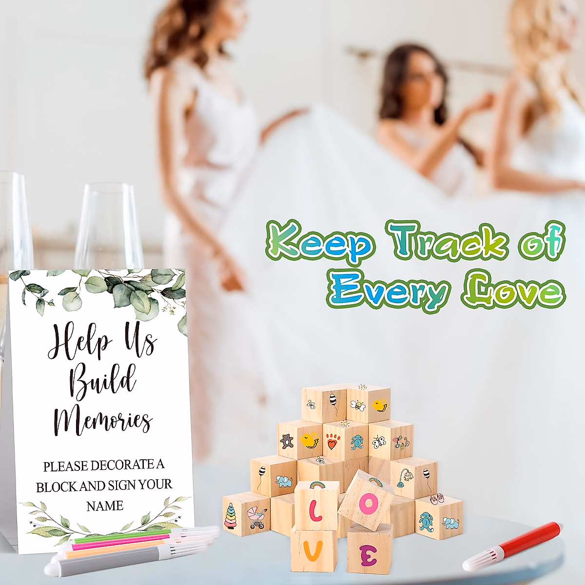 Dinifee 125 Pcs Baby Shower Decorate a Block Game Set Includes Help Us Build Memories Sign 100 DIY Blank Wooden Block 24 Paint Marker Baby Shower Prize for Wedding Baby Shower Game (Leaves)