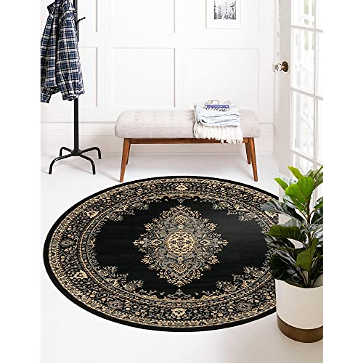 Rugs.com Amaya Collection Rug – 8 Ft Round Black Medium Rug Perfect for Kitchens, Dining Rooms