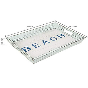 MyGift 16-inch Beach Theme Wooden Large Serving Tray with Handles, Decorative Whitewashed Blue Ottoman Tray for Living Room