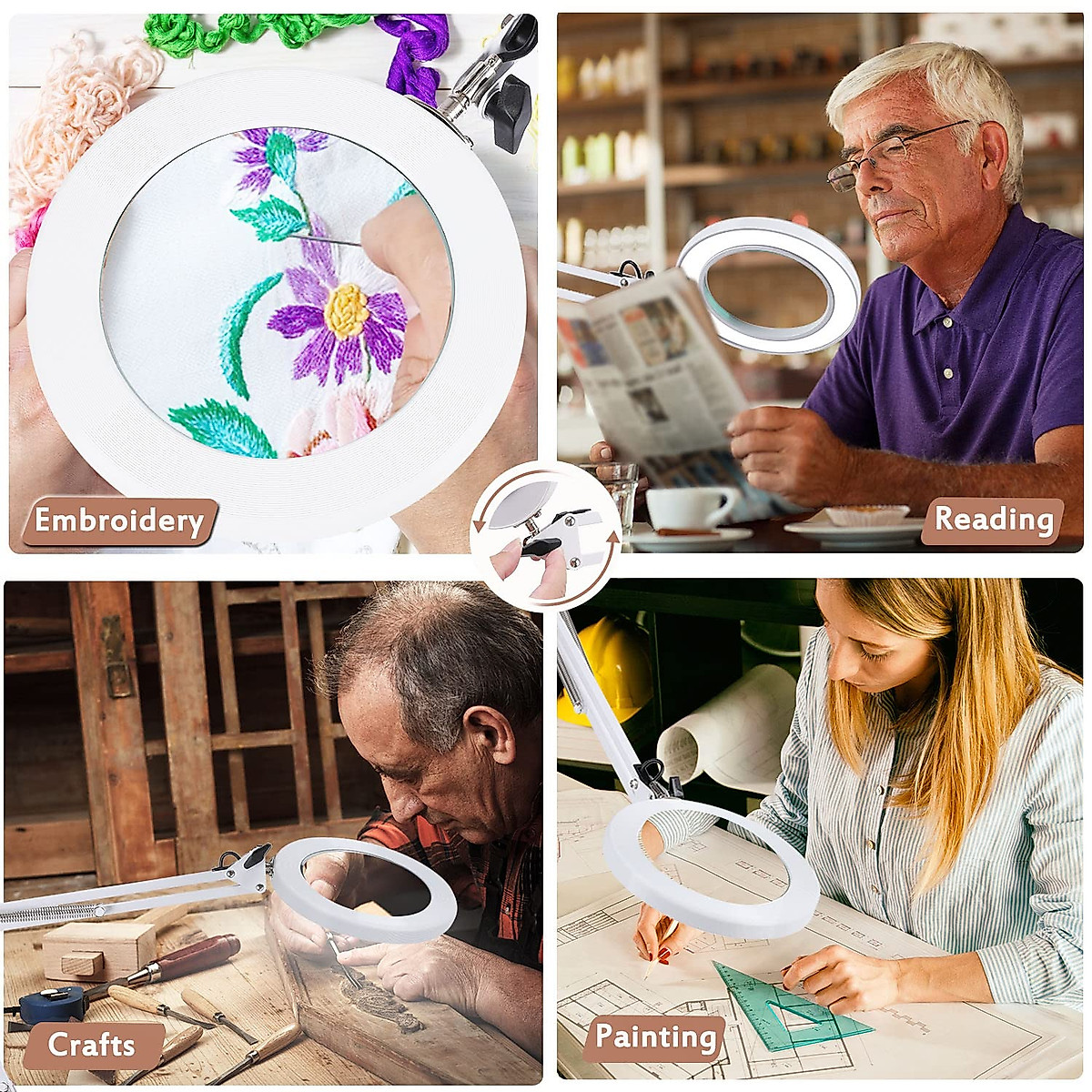 5 Inch Magnifying Glass with Light and Stand, TOMSOO 10X Real Glass Lighted Magnifier, Stepless Dimmable 3 Color Modes Adjustable LED Magnifying Desk lamp for Close Work Reading Repair Crafts - White