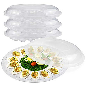 [3 Pack] Deviled Egg Tray with Lid - 12" 15 Slot Round Clear Plastic Deviled Egg Carrier with Dome Lid - Durable Polystyrene Disposable Reusable Container for Pickled Stuffed Eggs and Serving Starters