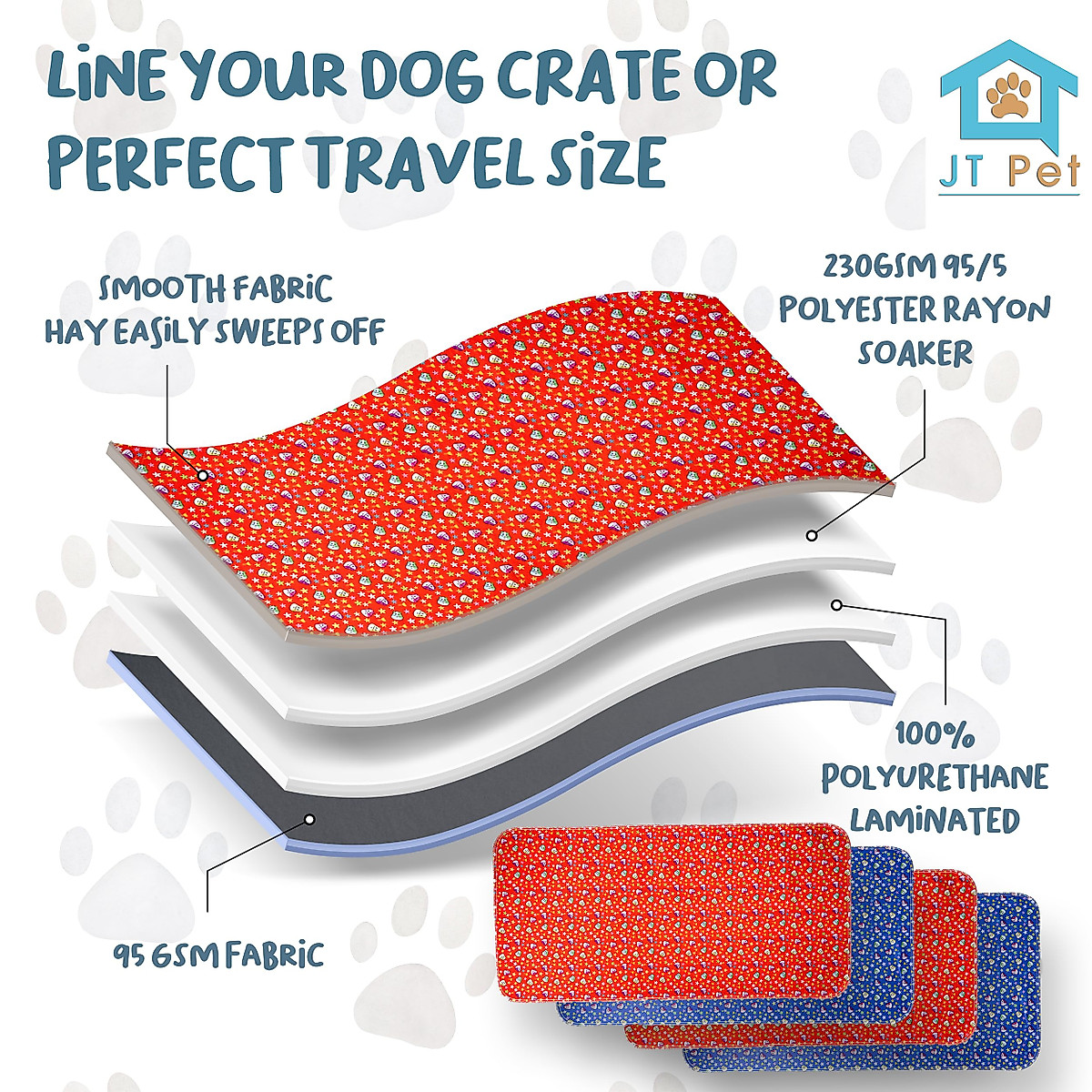 JT Pet Guinea Pig Cage Liner Fleece Cage Liners Puppy Pads Washable Reusable Waterproof Pee Pads Hamster Bedding Extra Large Dog Crate Lining (Set of 4 - 47" x 24") (Blue Red Piggies)