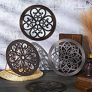 4 Pieces Thicken Rustic Wall Decor Farmhouse Wall Art Decor Wooden Hollow Carved Design Rustic Round Wall Art for Living Room Bedroom Hallway Decor Office Kitchen Wall Decoration (Black, Brown)