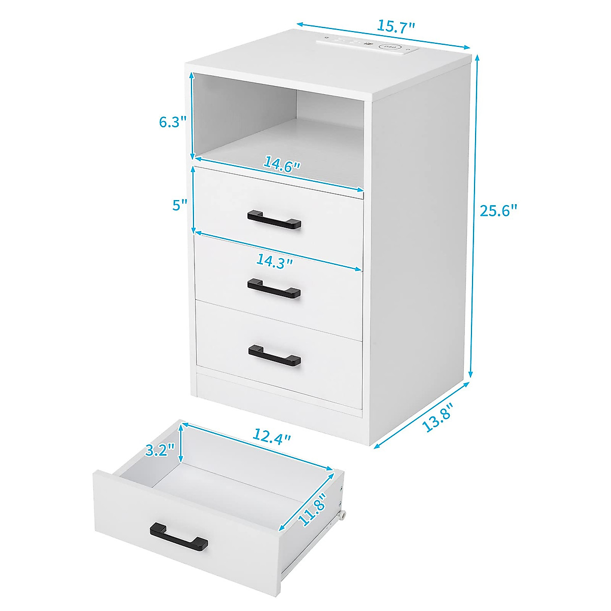 Karl home 3 Drawers Nightstand with Wireless Charging Station for Bedroom, Bedside Table with LED Lights and Storage, End Table for Living Room, AC Outlets USB Ports, Bed Side Table, White
