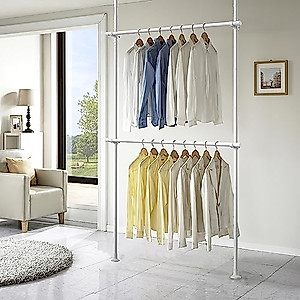 HOSKO Floor to Ceiling Clothes Rack, 2-Tier Adjustable Clothing Rack, Heavy Duty Free-Standing Garment Racks for Hanging Clothes, Tension Rod Garment Rack Closet Organizer System, White