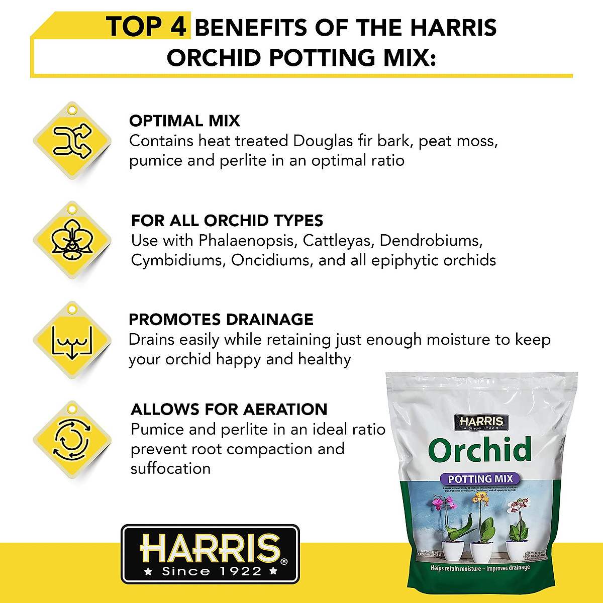 Harris Premium Orchid Potting Mix, Optimal Soil Mix for All Types of Orchids, 4qt, White