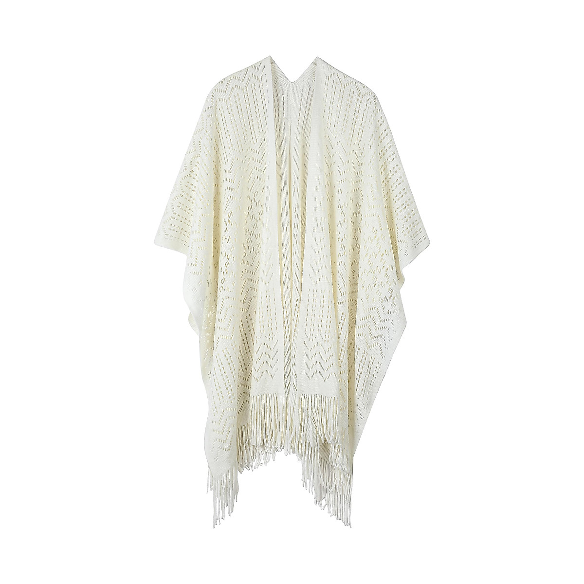 BOCOSO Knit Shawl Wraps Tassel Open Front Poncho Cape for Women, Ladies Fringed Knitted Cardigan White