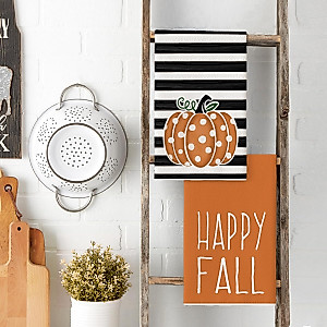 Artoid Mode Stripes Polka Dot Hello Pumpkin Fall Kitchen Towels Dish Towels, 18x26 Inch Farmhouse Maple Leaves Decoration Hand Towels Set of 4